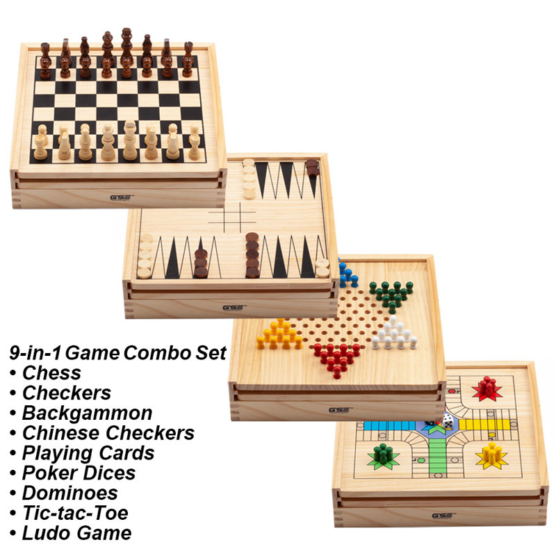 GSE Games & Sports Expert Wooden 9-In-1 Chess, Checkers, Backgammon, Chinese Checkers, Tic-Tac ...